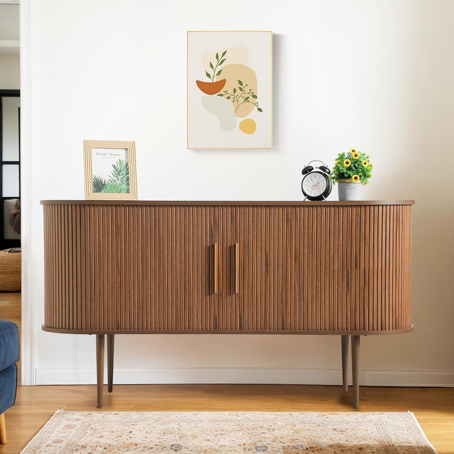 Mercer41 55.1" Storage Cabinet with Tambour Doors and Shelves, Fluted Sideboard Buffet Cabinet ...